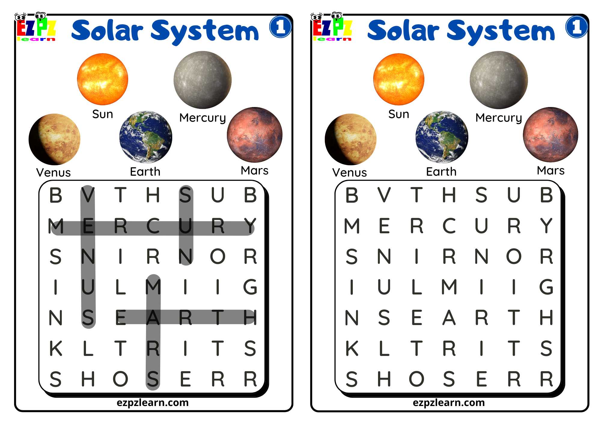 Solar System Word Search 1 Ezpzlearn